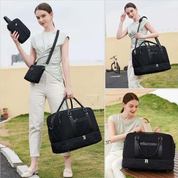 Bags | Weekender Bag Large Nylon Travel Bag Carry On For Women 3in1 Pure Black Set | Poshmark